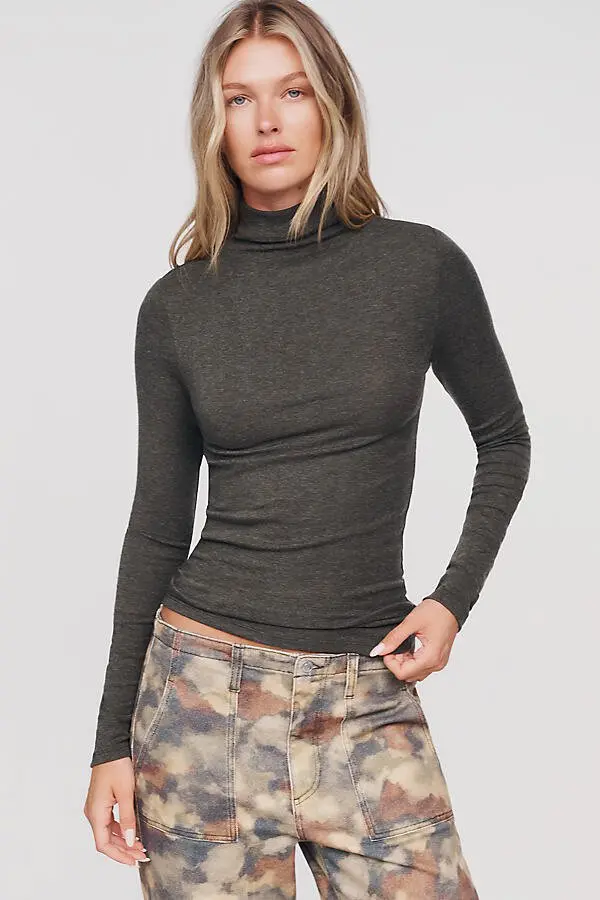 Anthropologie Arena Wool Blend Fitted Turtleneck Top - Olive