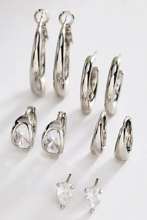 Anthropologie Crystal And Hoop Earrgs, Set Of 5 - Silver