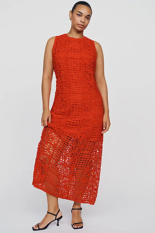 English Factory Eyelet Lace Midi Dress - Red