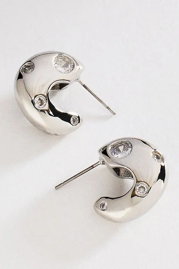 Anthropologie Chunky Bezel Crystal Hoops - Silver