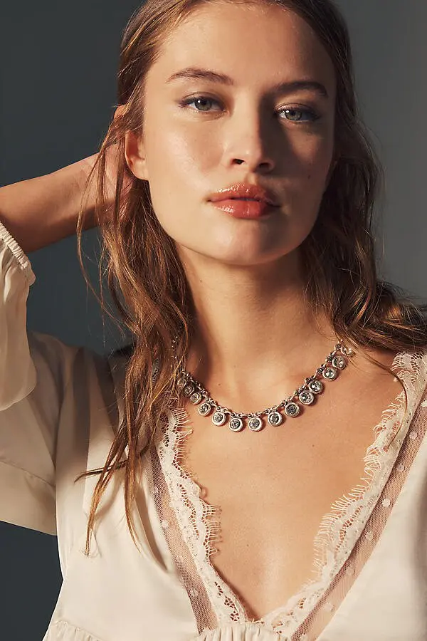 Anthropologie Brushed Bezel Crystal Necklace - Silver