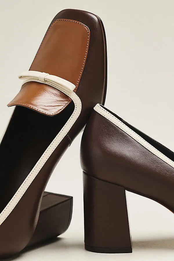 Maeve Bow Square Toe Heels - Brown