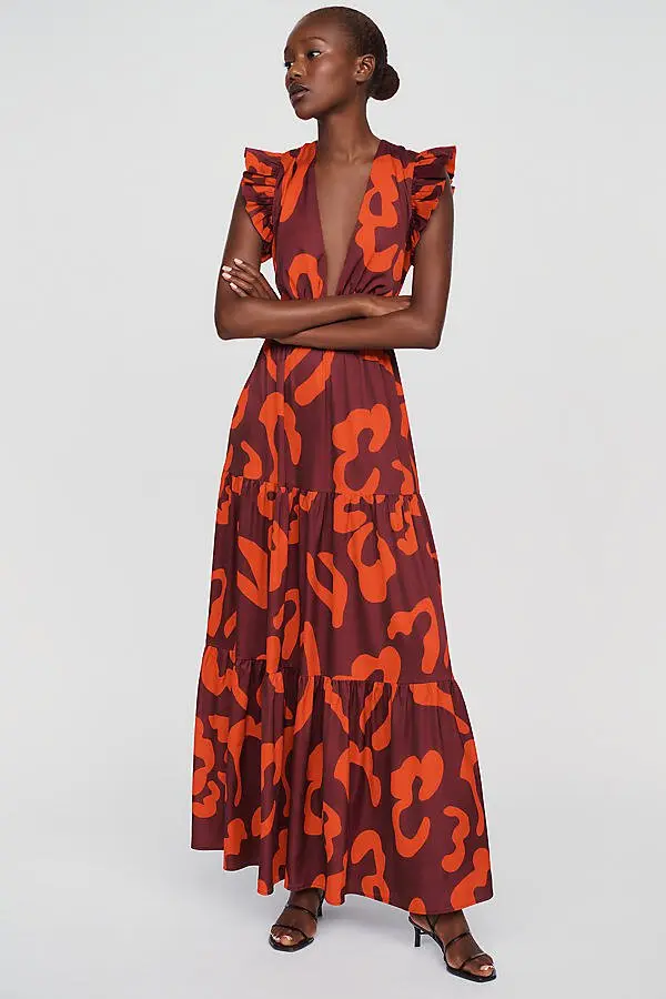 DE LORETA Ruffle Maxi Dress - Red Pattern