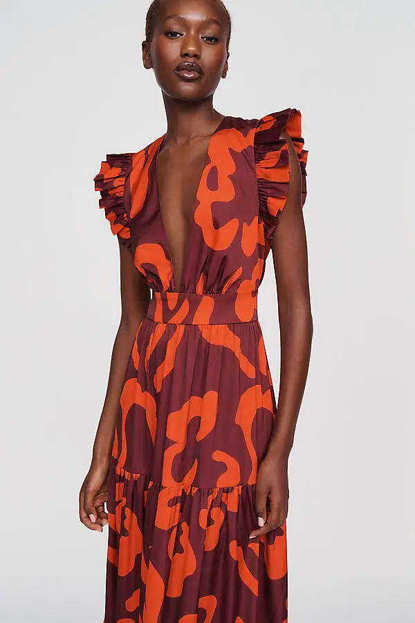 DE LORETA Ruffle Maxi Dress - Red Pattern