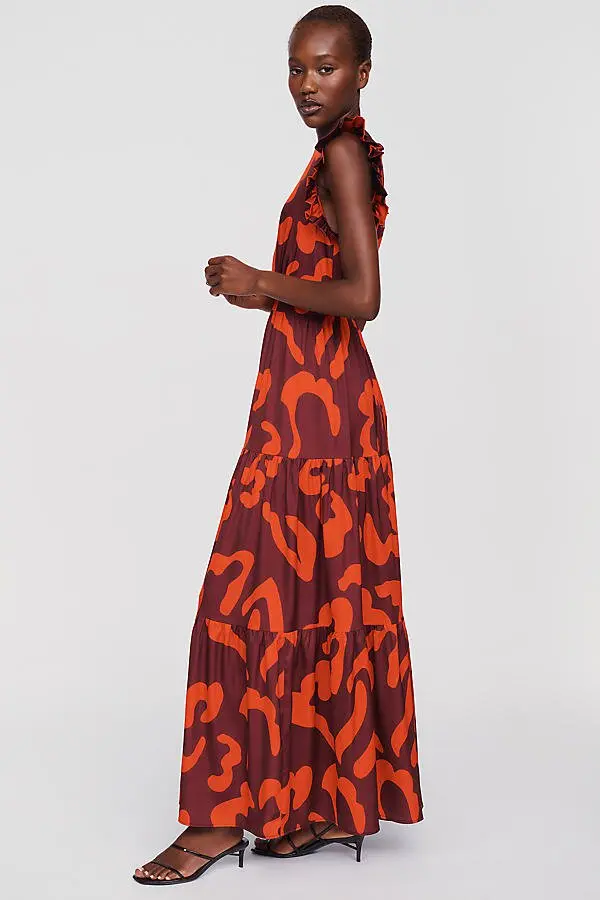 DE LORETA Ruffle Maxi Dress - Red Pattern