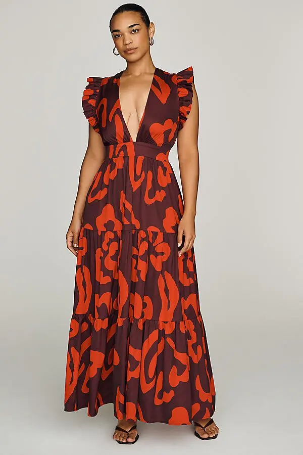 DE LORETA Ruffle Maxi Dress - Red Pattern