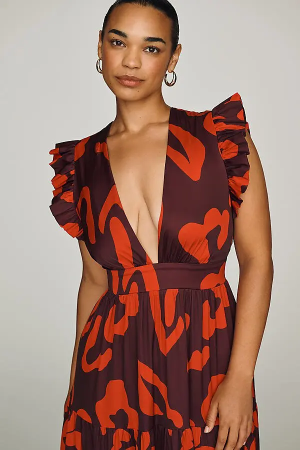 DE LORETA Ruffle Maxi Dress - Red Pattern