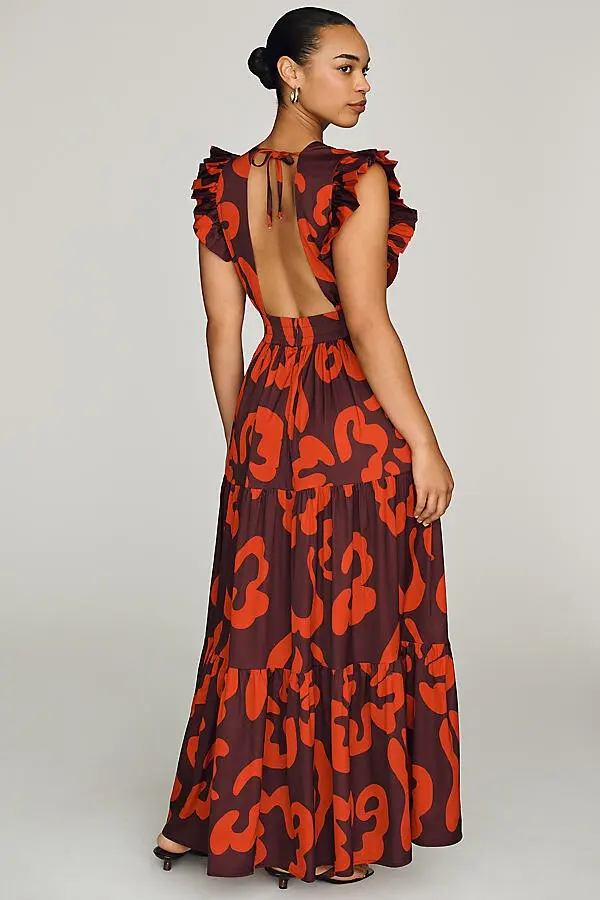 DE LORETA Ruffle Maxi Dress - Red Pattern
