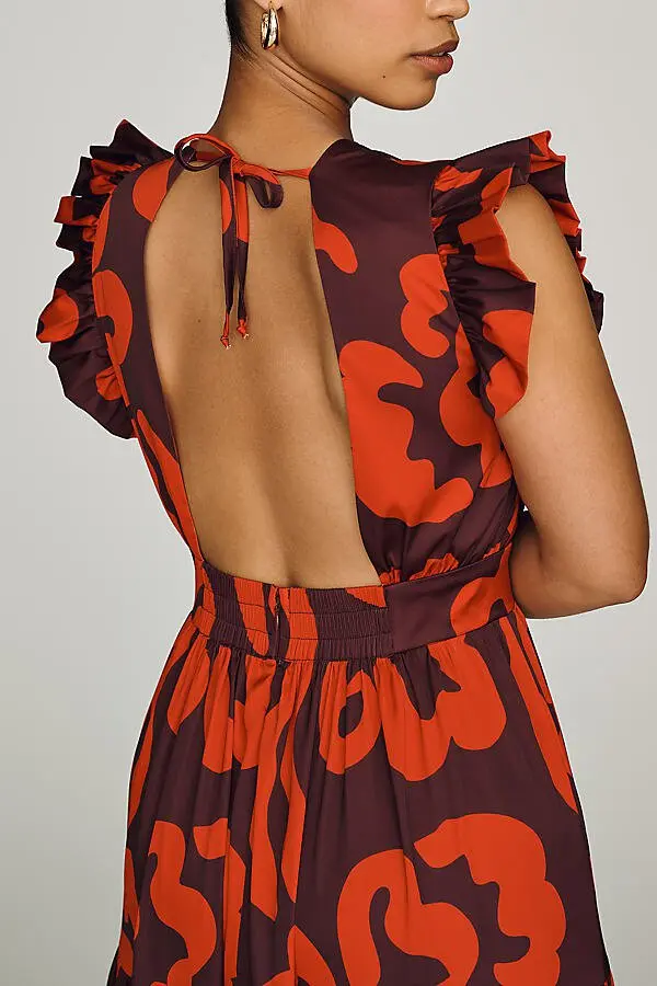 DE LORETA Ruffle Maxi Dress - Red Pattern