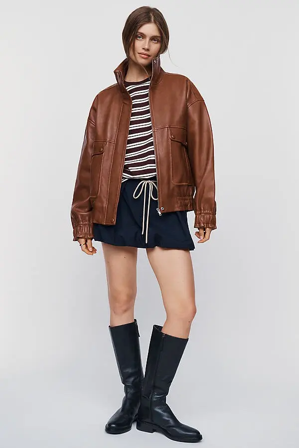 Maeve Leather Funnel Neck Jacket