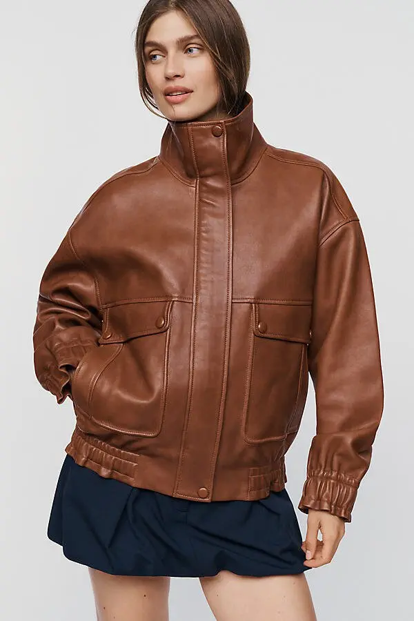 Maeve Leather Funnel Neck Jacket