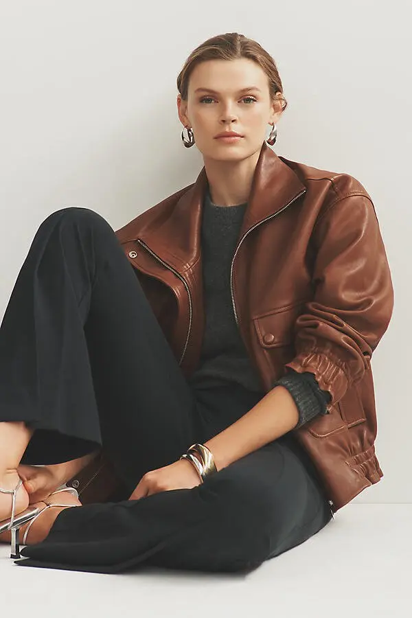 Maeve Leather Funnel Neck Jacket - Copper