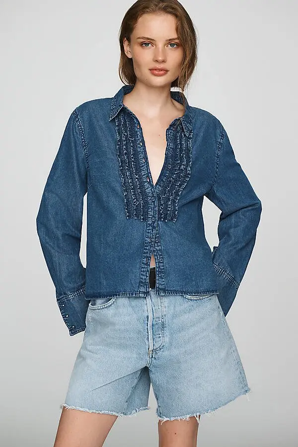 PILCRO 100% Cotton Denim Ruffled Buttondown Shirt