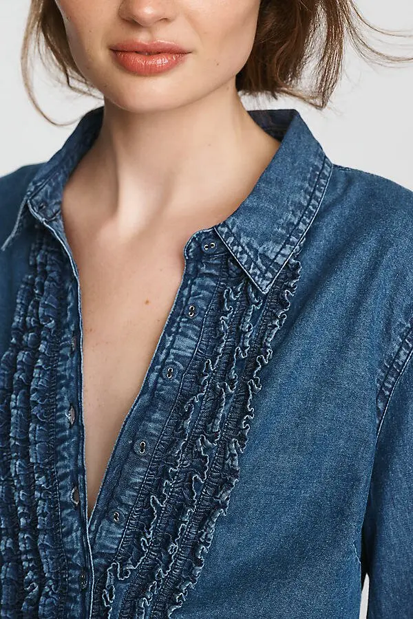 PILCRO 100% Cotton Denim Ruffled Buttondown Shirt
