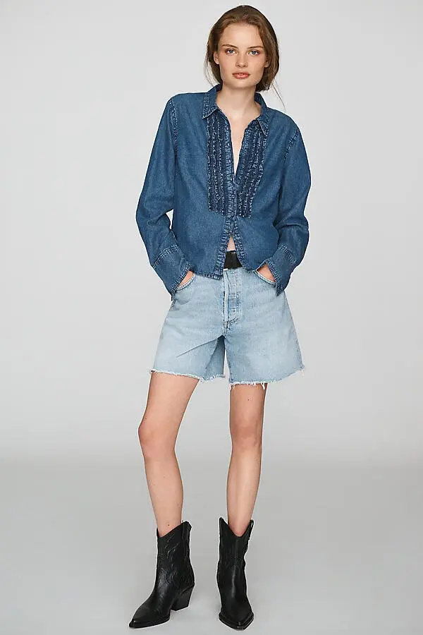 PILCRO 100% Cotton Denim Ruffled Buttondown Shirt