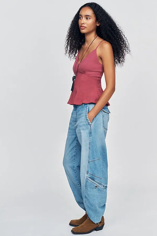 PILCRO Kaye Mid Rise Barrel Leg Jeans - Light Denim