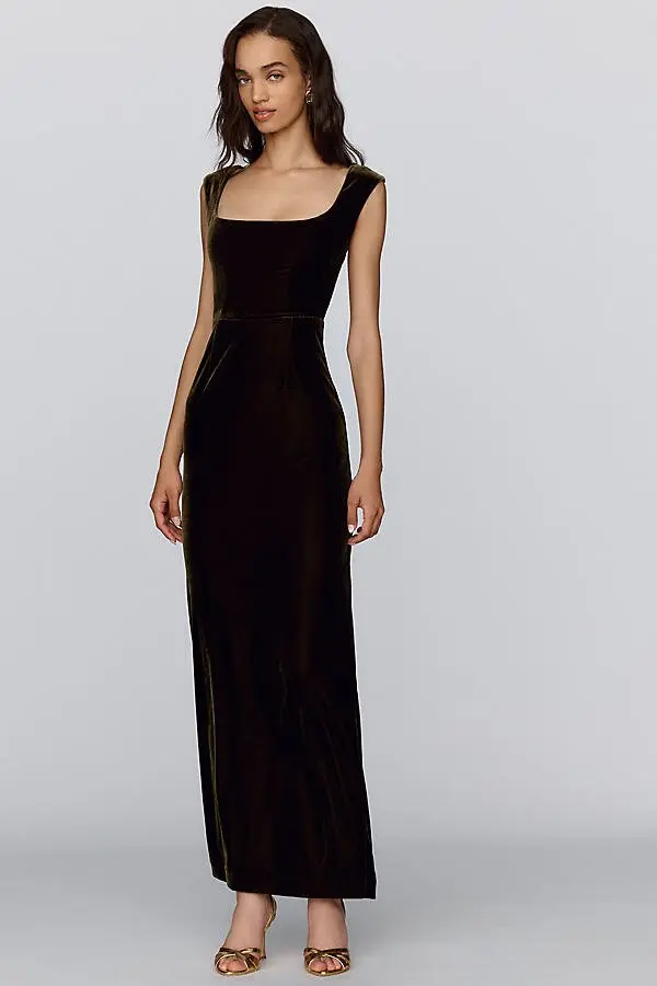 Anthropologie Bhldn Velvet Cap Sleeve Maxi Dress - Olive