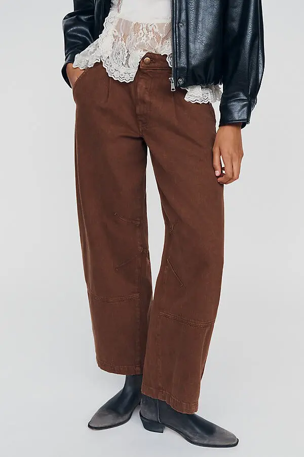 PILCRO Elmira Mid Rise Pleated Bow Barrel Jeans