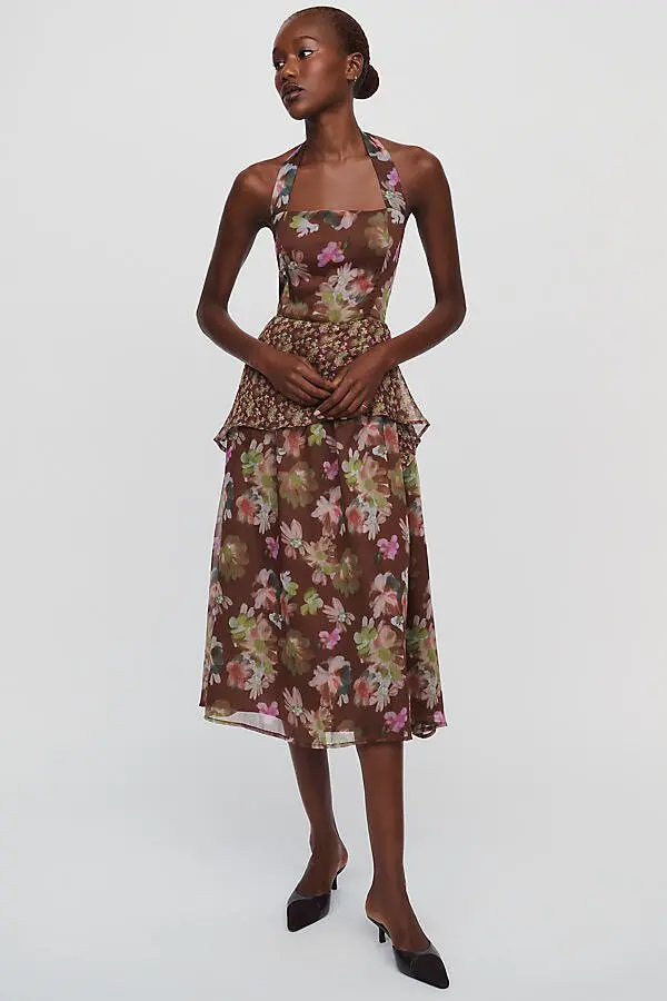 ELEVATOR DISCO Scarlet 100% Cotton Midi Dress - Brown Pattern