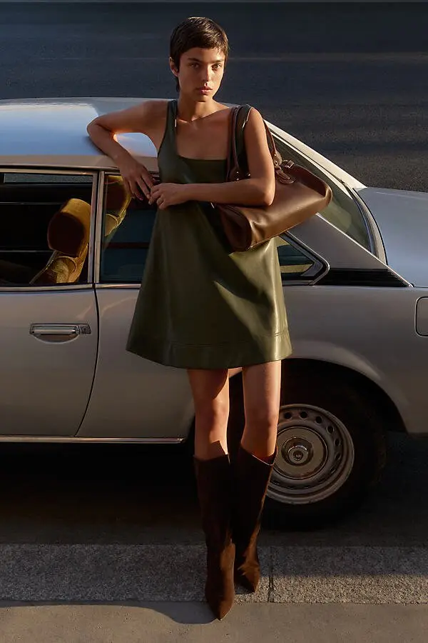 Maeve Keiko Faux Leather Mi Dress - Olive