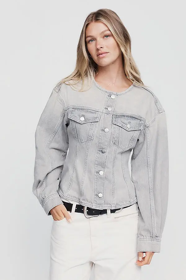 PILCRO 100% Cotton Collarless Peplum Jacket