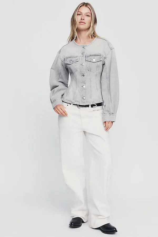 PILCRO 100% Cotton Collarless Peplum Jacket