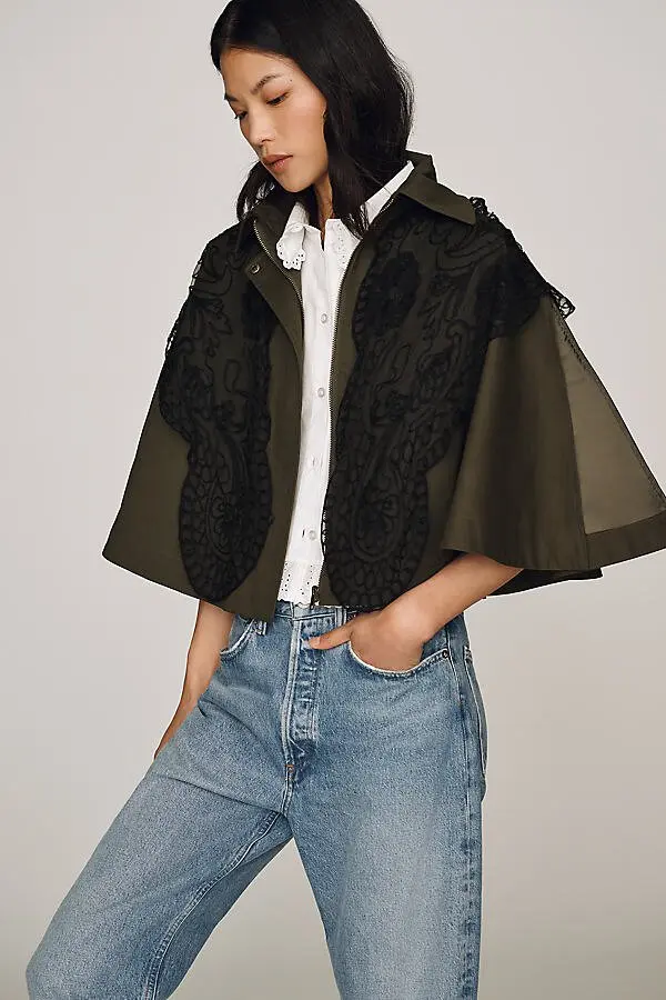 Anthropologie Lace Scarf Poncho Trench Coat Jacket - Moss