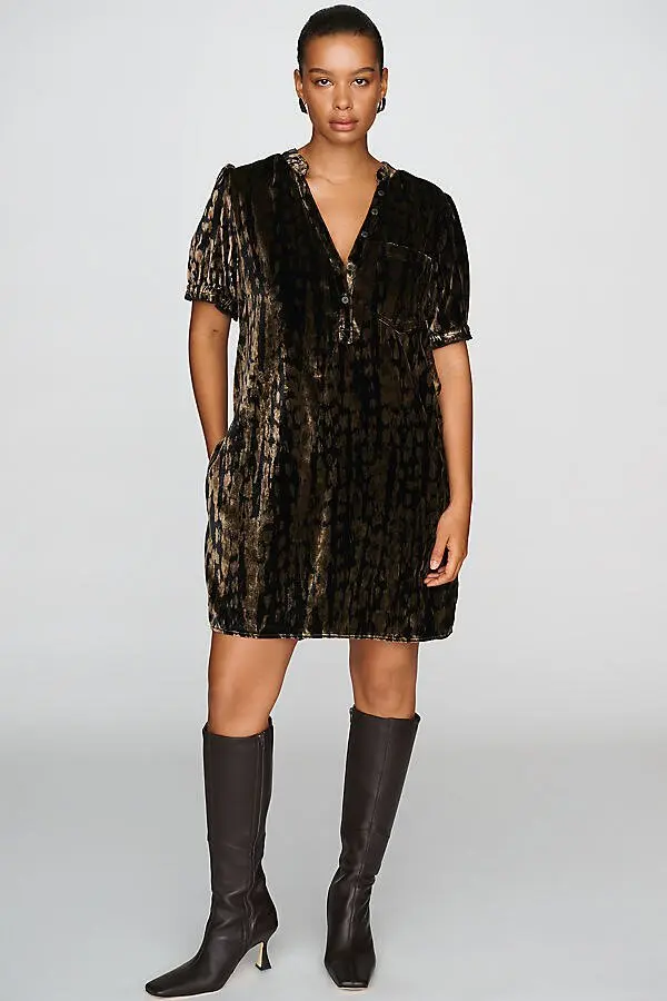 PILCRO Aly Velvet Puff-sleeve Mi Dress