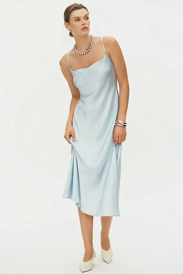 Anthropologie Grid 100% Silk Midi Slip Dress - Light Blue