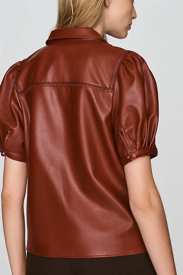PILCRO Faux Leather Puff Sleeve Blouse