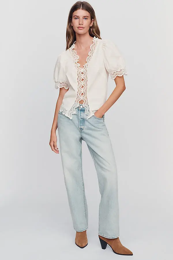 Anthropologie 100% Cotton Lace Detail Blouse - Ivory
