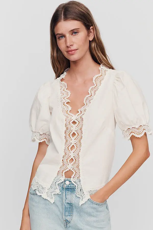 Anthropologie 100% Cotton Lace Detail Blouse - Ivory