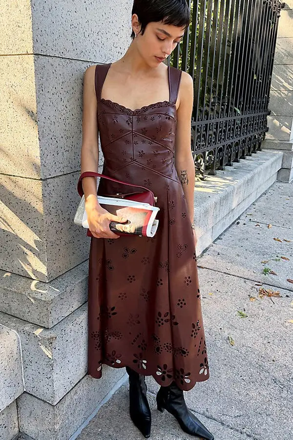 Maeve Jocelyn Faux Leather Cutwork Midi Dress - Brown
