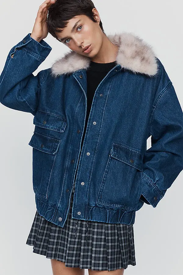 Maeve Denim Faux Fur Collar Barn Jacket - Medium Denim