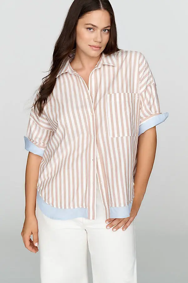 Maeve Mabel Contrast Boxy Oxford Shirt Top - Neutral Pattern