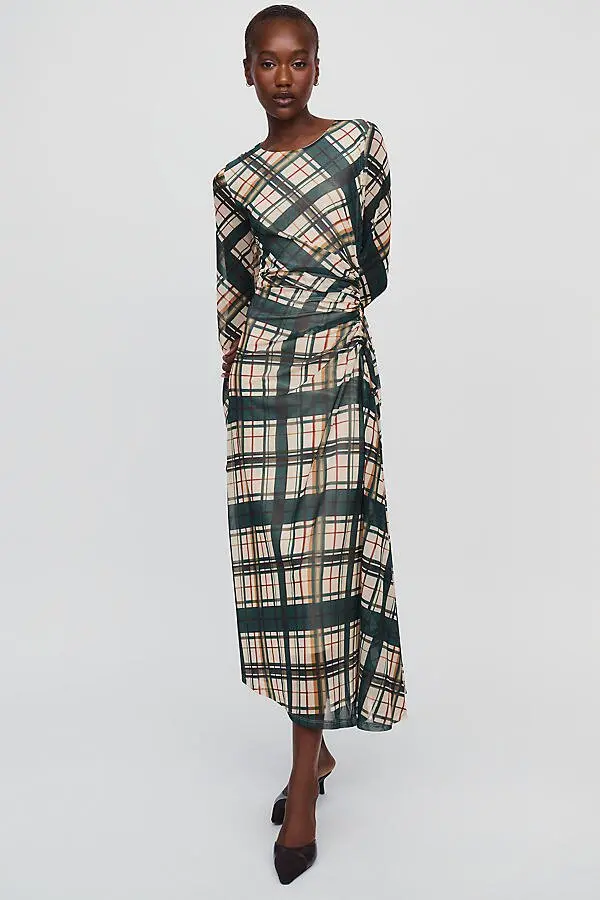 Anthropologie Merricksart X Ruched Mesh Midi Dress - Green Pattern