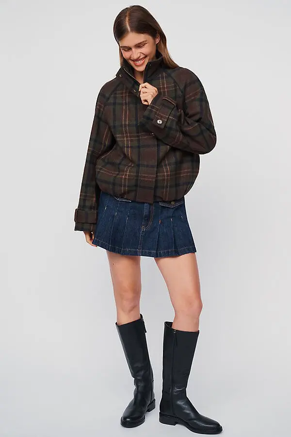 Anthropologie Plaid Funnel Neck Jacket