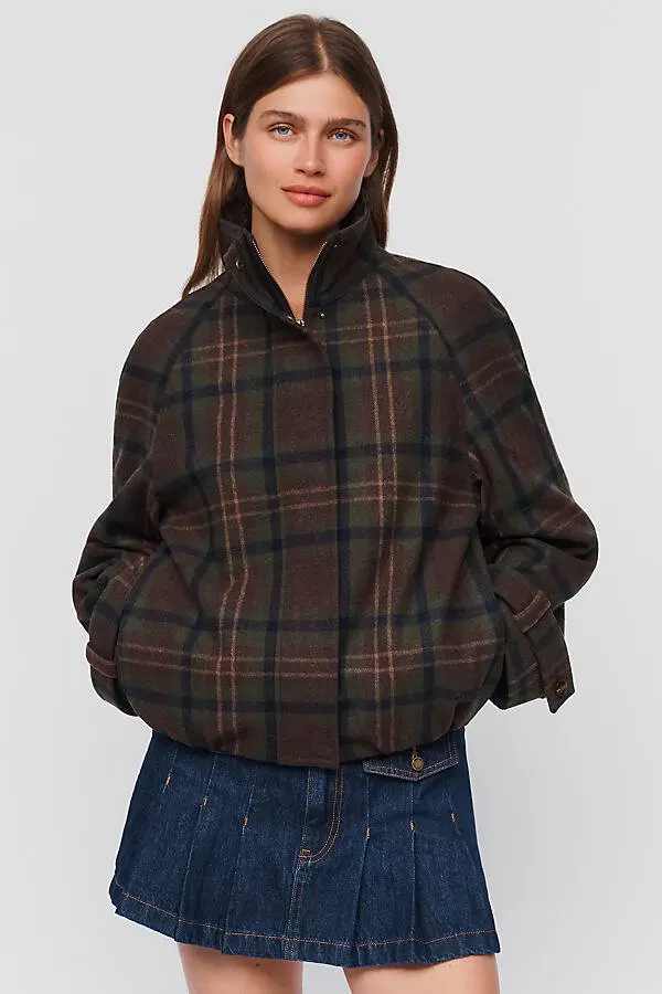 Anthropologie Plaid Funnel Neck Jacket
