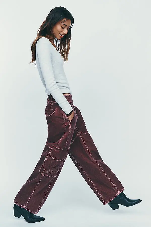 PILCRO Aero Corduroy Wide-leg Cargo Pants - Wine