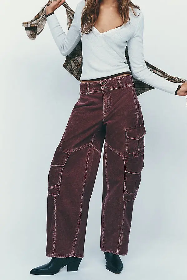 PILCRO Aero Corduroy Wide-leg Cargo Pants - Wine