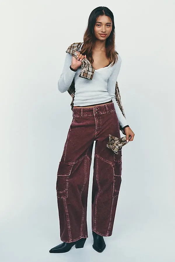 PILCRO Aero Corduroy Wide-leg Cargo Pants - Wine