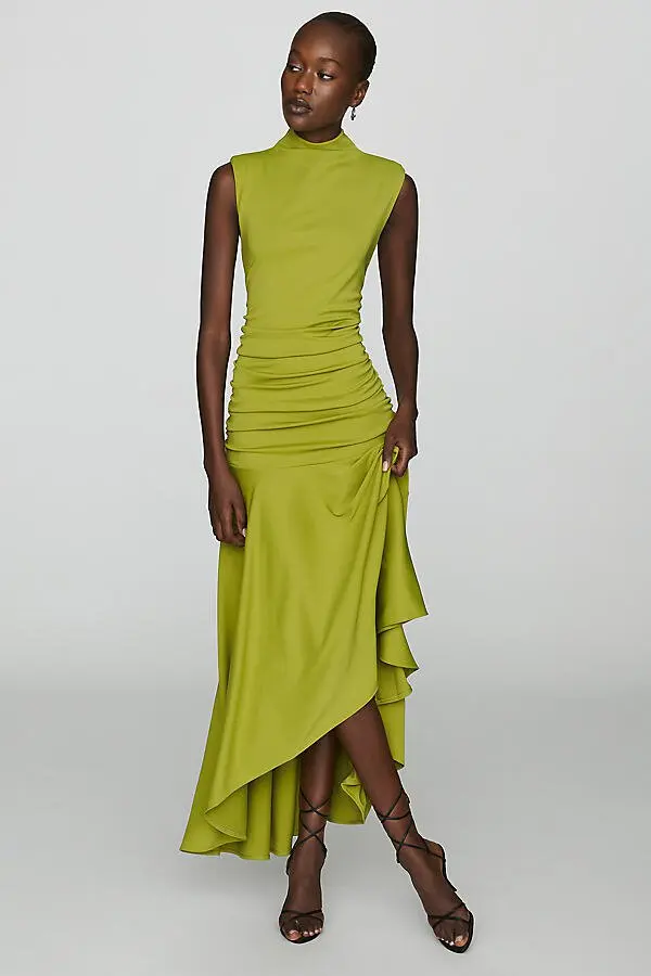 Maeve Mock Ruched Neck Dress - Moss