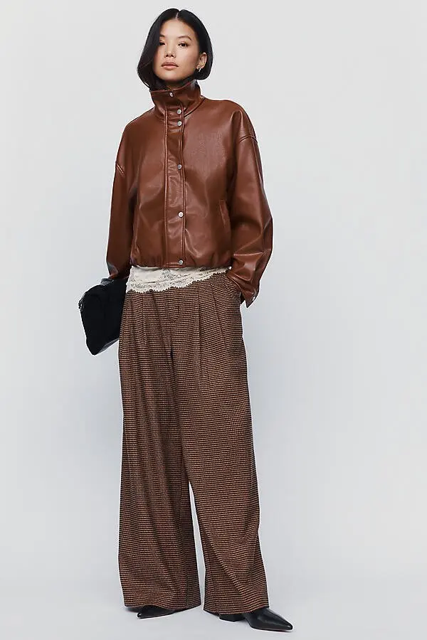 Maeve Avery Wide Leg Pleated Trousers Pants - Brown Pattern