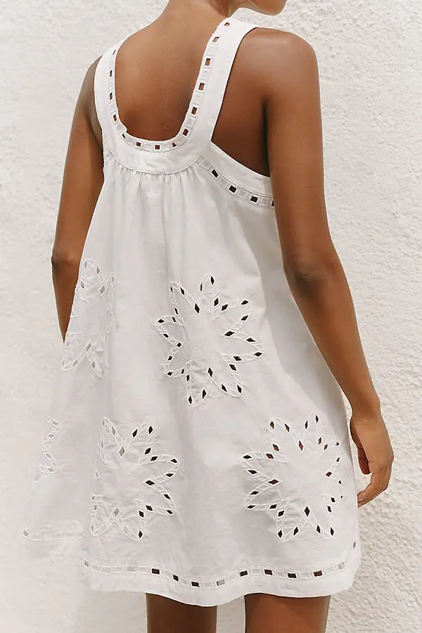 CELANDINE 100% Cotton Reversible Cutwork Mi Dress - Ivory