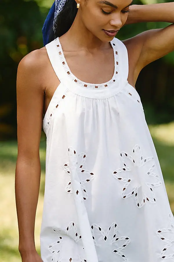 CELANDINE 100% Cotton Reversible Cutwork Mi Dress - Ivory