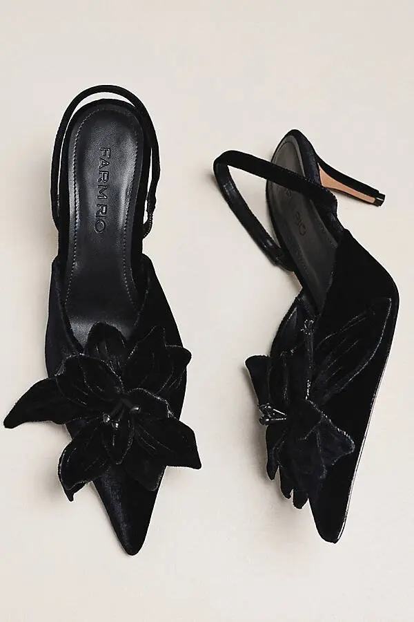 Farm Rio Flower Velvet Slgback Heels - Black