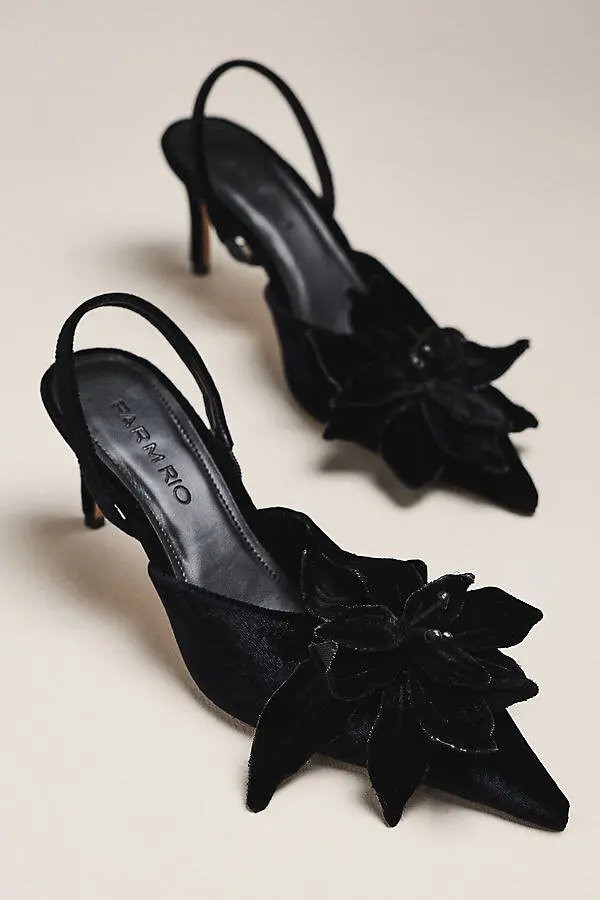 Farm Rio Flower Velvet Slgback Heels - Black