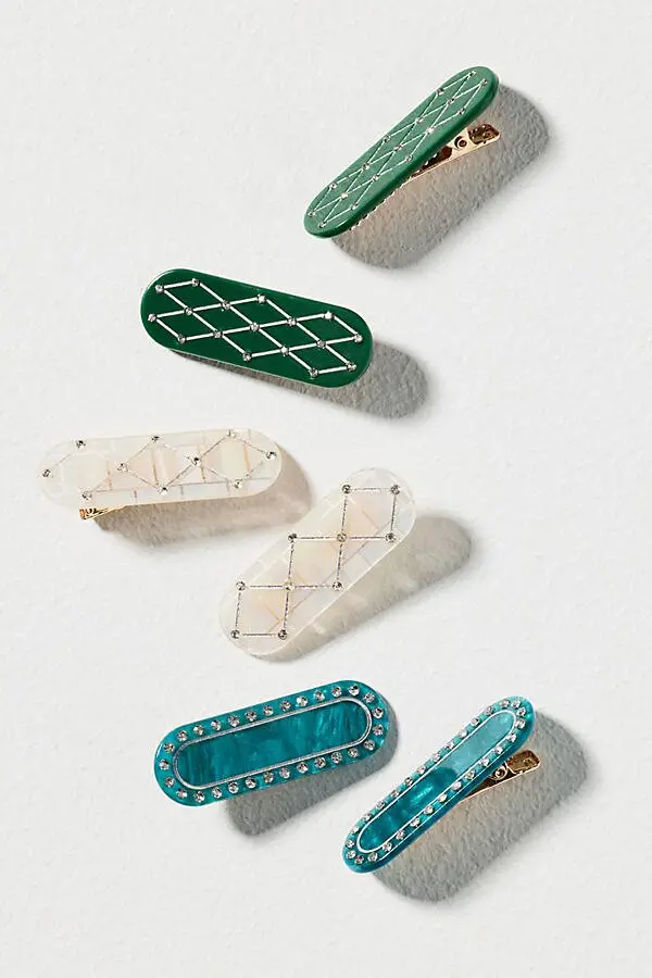 Anthropologie Mi Res Rhestone Hair Clips, Set Of 6 - Blue Multi