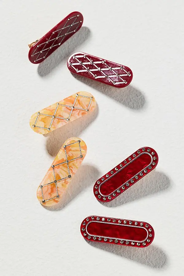Anthropologie Mi Res Rhestone Hair Clips, Set Of 6 - Red Pattern