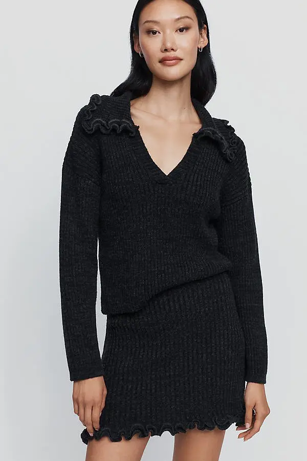 Maeve Cotton Wool Ribbed & Ruffled Knit Mi Skirt - Black